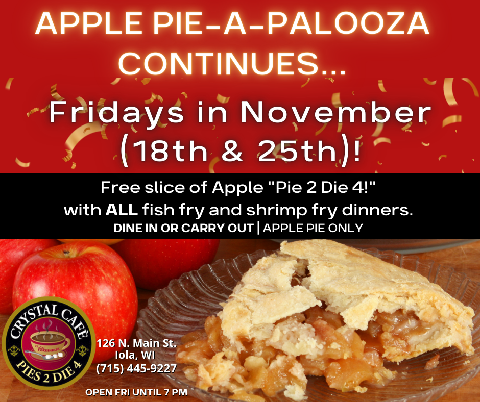 FREE APPLE PIE WITH FISH AND SHRIMP DINNERS – Crystal Café